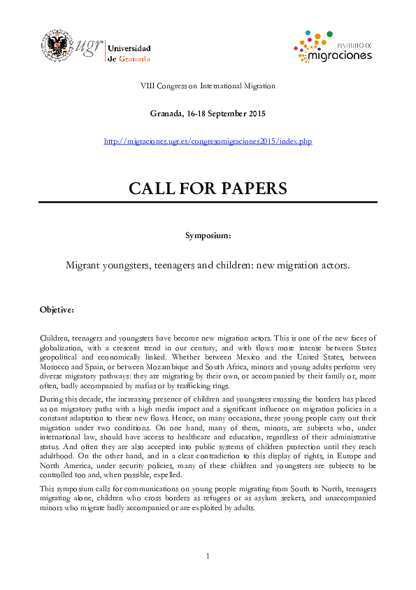 CALL FOR PAPERS: Migrant youngsters, teenagers and children: new ...