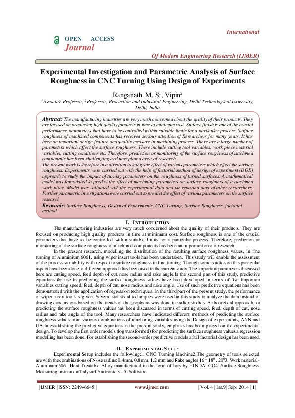 Pdf Experimental Investigation And Parametric Analysis Of Surface