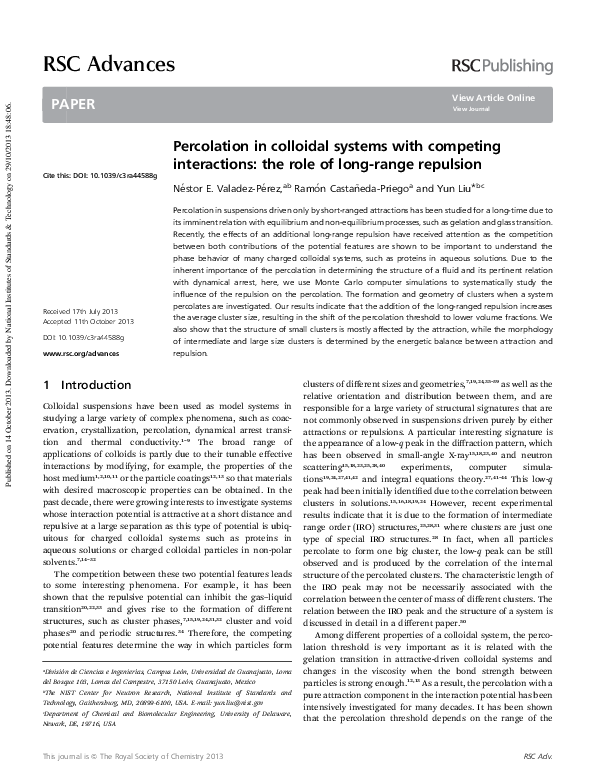 (PDF) Percolation in colloidal systems with competing interactions: the role of long-range repulsion