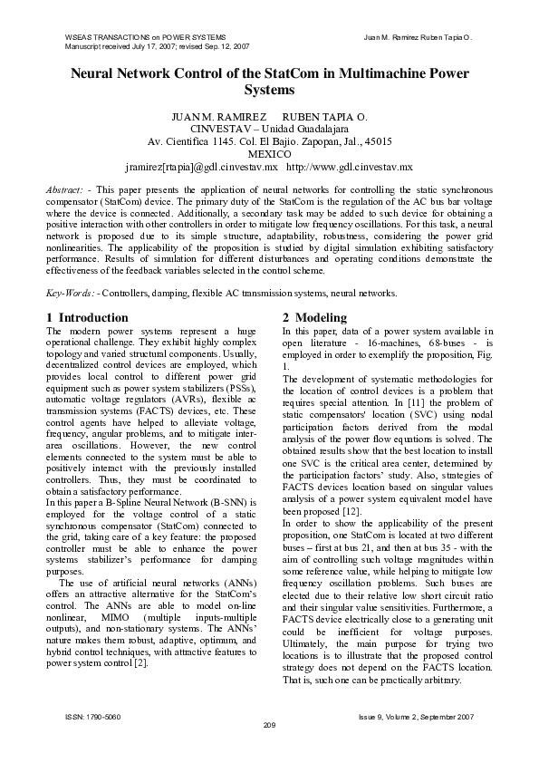 Pdf Neural Network Control Of The Statcom In Multimachine Power Systems