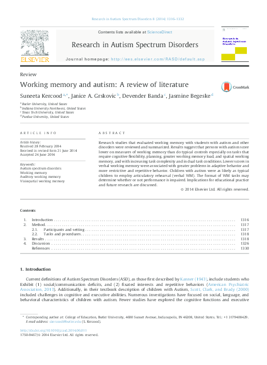 (PDF) Working memory and autism: A review of literature
