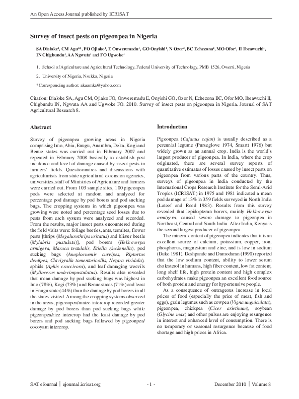 (PDF) Survey of insect pests on pigeonpea in Nigeria