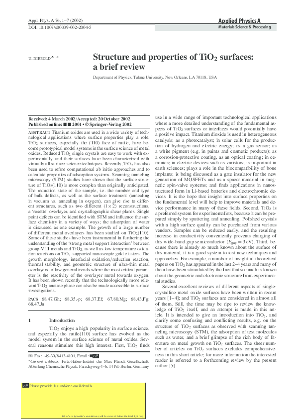 (PDF) Applied Physics A Structure and properties of TiO 2 surfaces: a ...