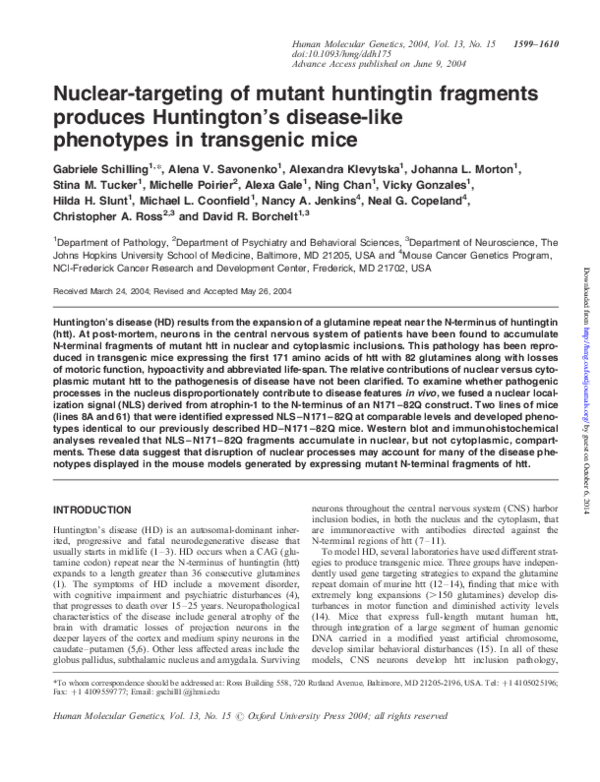 (PDF) Nuclear-targeting of mutant huntingtin fragments produces ...