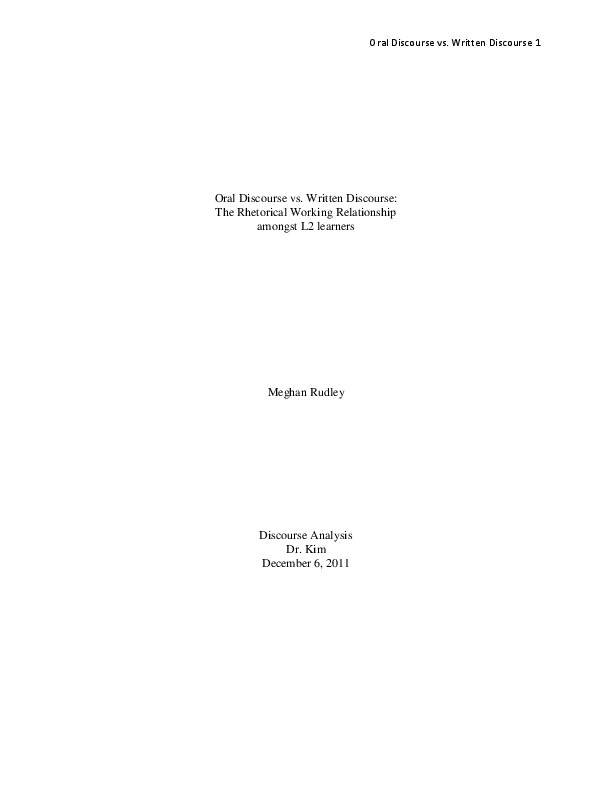 Doc Oral Discourse Vs Written Discourse The Rhetorical Working Relationship Amongst L2 Learners