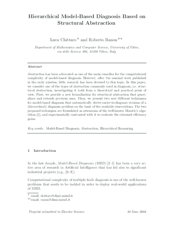 (PDF) Hierarchical model-based diagnosis based on structural abstraction | Roberto Ranon ...