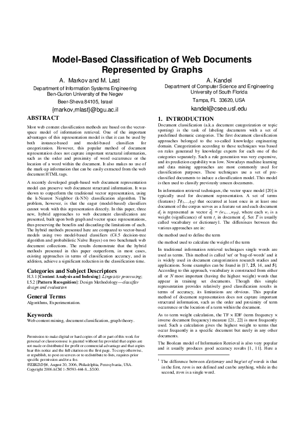 Pdf Model Based Classification Of Web Documents Represented By Graphs