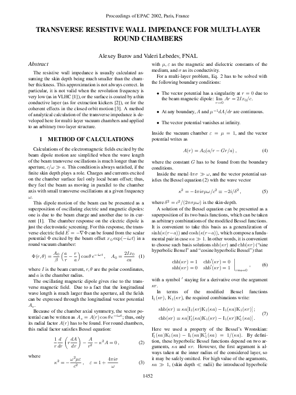 (PDF) TRANSVERSE RESISTIVE WALL IMPEDANCE FOR MULTI-LAYER ROUND CHAMBERS