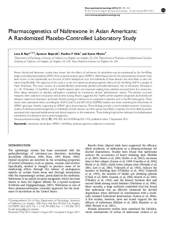 (PDF) Pharmacogenetics of Naltrexone in Asian Americans: A Randomized ...