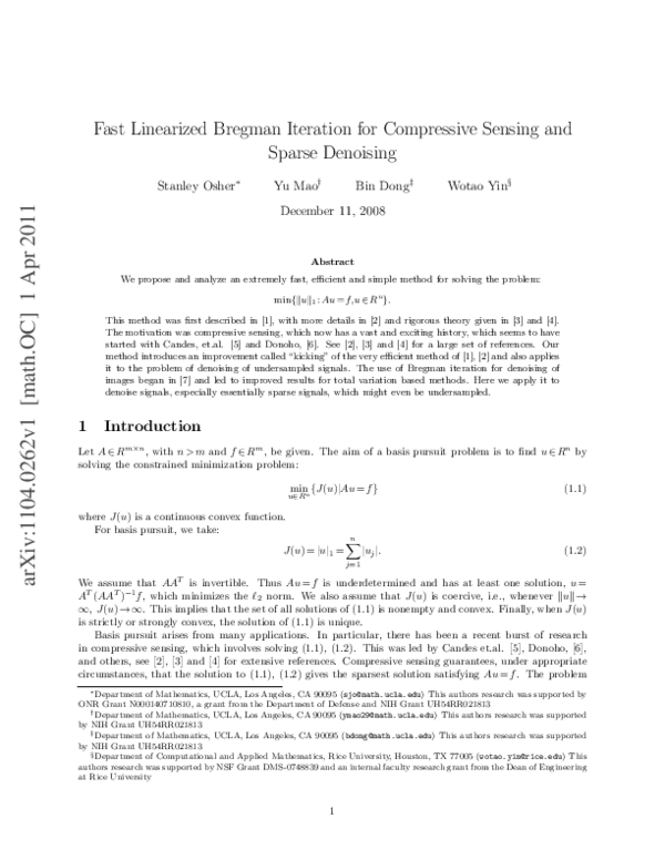 (PDF) Fast Linearized Bregman Iteration for Compressive Sensing and Sparse Denoising