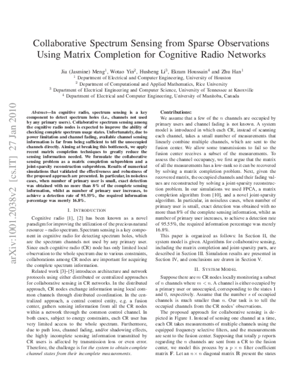 Pdf Collaborative Spectrum Sensing From Sparse Observations Using Matrix Completion For