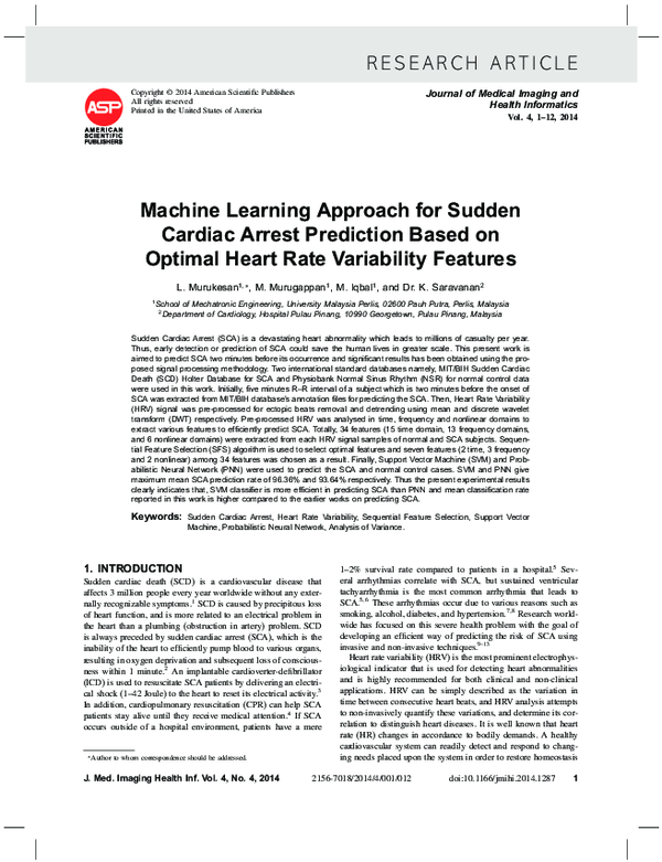 (PDF) MACHINE LEARNING APPROACH FOR SUDDEN CARDIAC ARREST PREDICTION BASED ON OPTIMAL HEART RATE ...