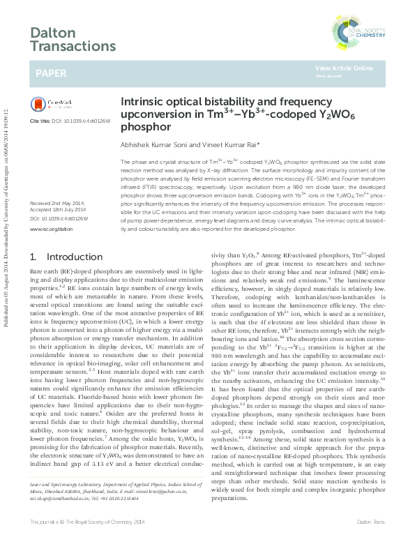 (PDF) Dalton Transactions Intrinsic optical bistability and frequency upconversion in Tm 3+ –Yb ...