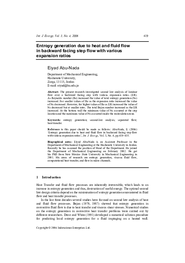 (PDF) Entropy generation due to heat and fluid flow in backward facing step flow with various ...
