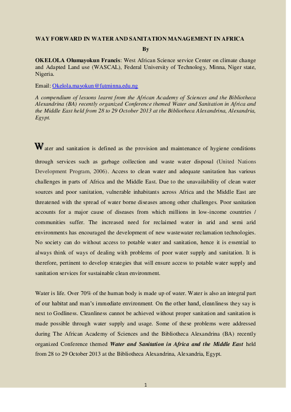 (DOC) WAY FORWARD IN WATER AND SANITATION MANAGEMENT IN AFRICA