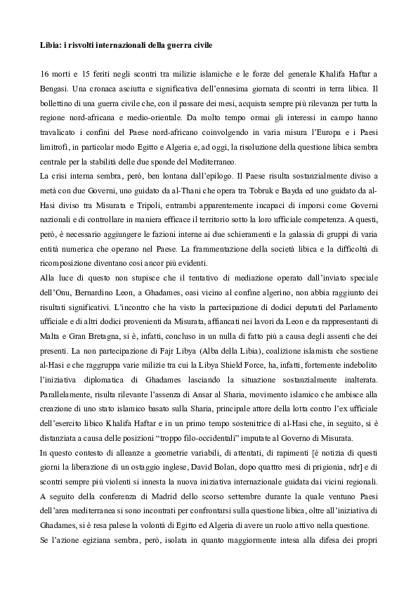 (DOC) Libia: risvolti internazionali della guerra civile