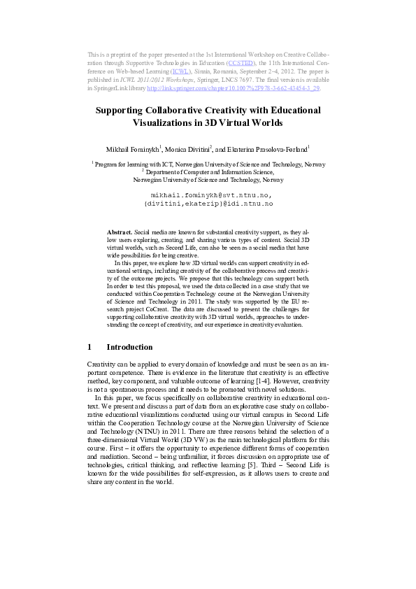 Pdf Supporting Collaborative Creativity With Educational Visualizations In 3d Virtual Worlds