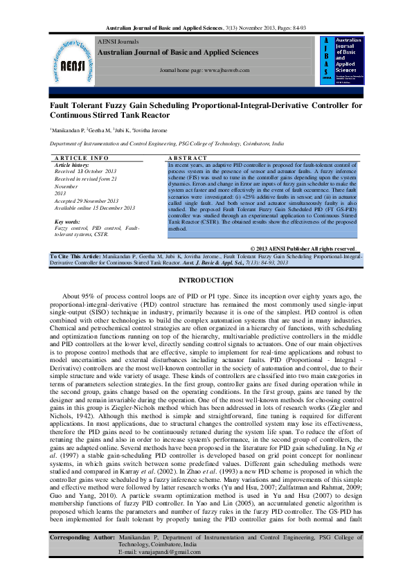 Pdf Fault Tolerant Fuzzy Gain Scheduling Proportional Integral Derivative Controller For