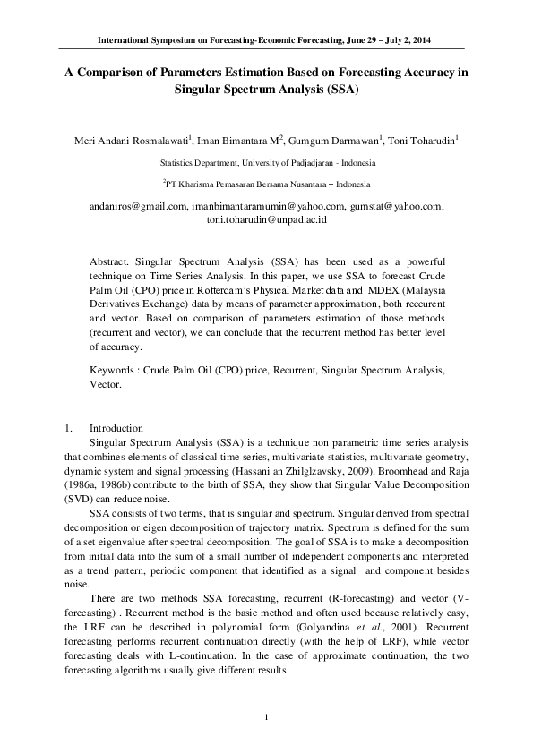 Pdf A Comparison Of Parameters Estimation Based On Forecasting Accuracy In Singular Spectrum