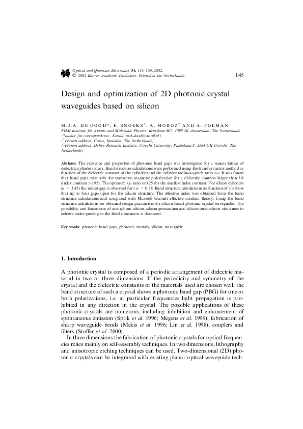 (PDF) Design and optimization of 2D photonic crystal waveguides based on silicon