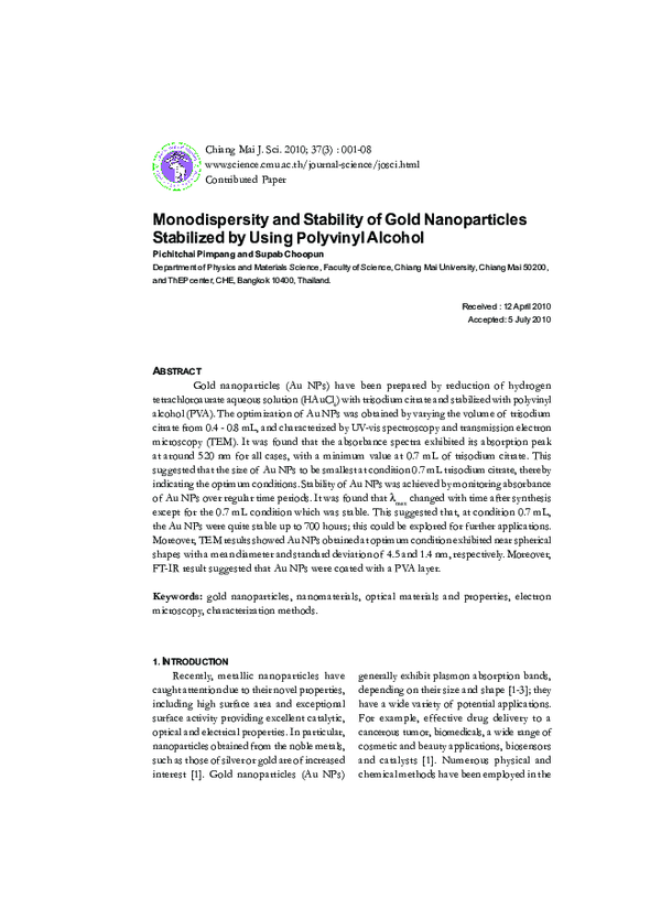 (PDF) Monodispersity and Stability of Gold Nanoparticles Stabilized by ...