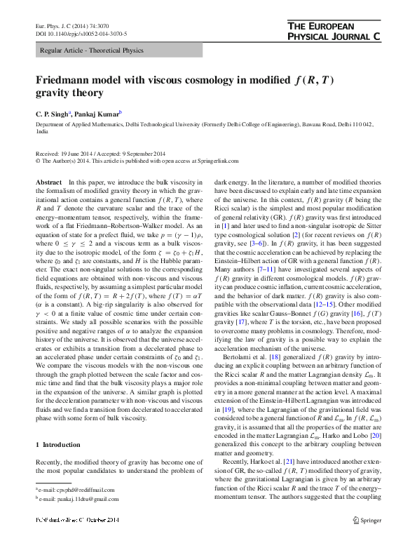 (PDF) Friedmann model with viscous cosmology in modified f(R,T) gravity ...