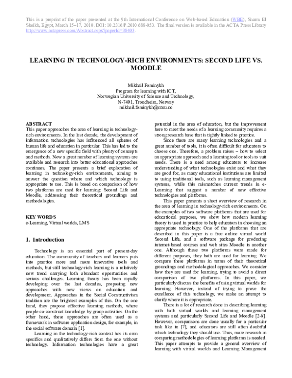 (PDF) Learning in Technology-Rich Environments: Second Life vs. Moodle