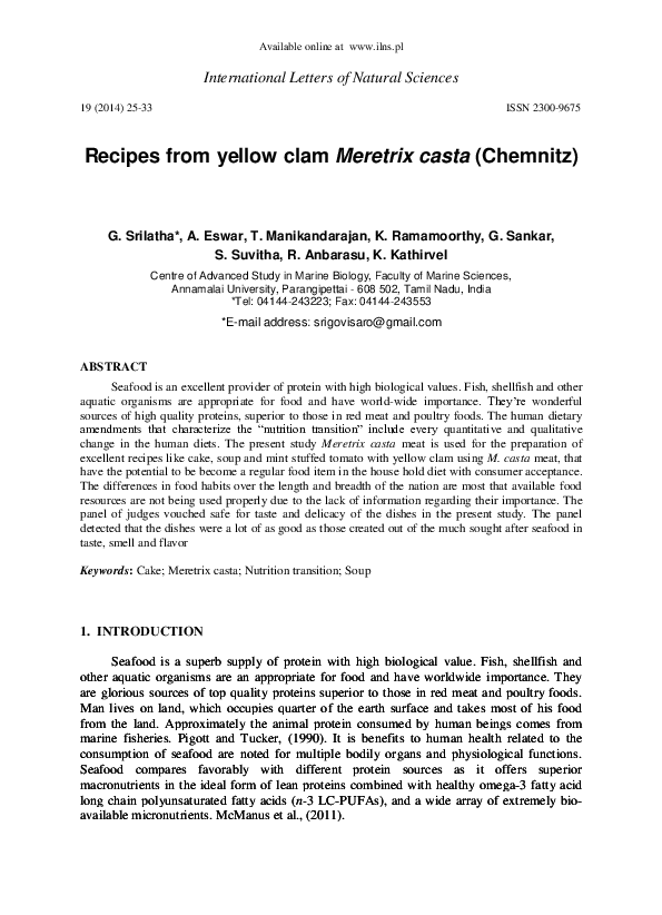 (PDF) Recipes from yellow clam Meretrix casta (Chemnitz)