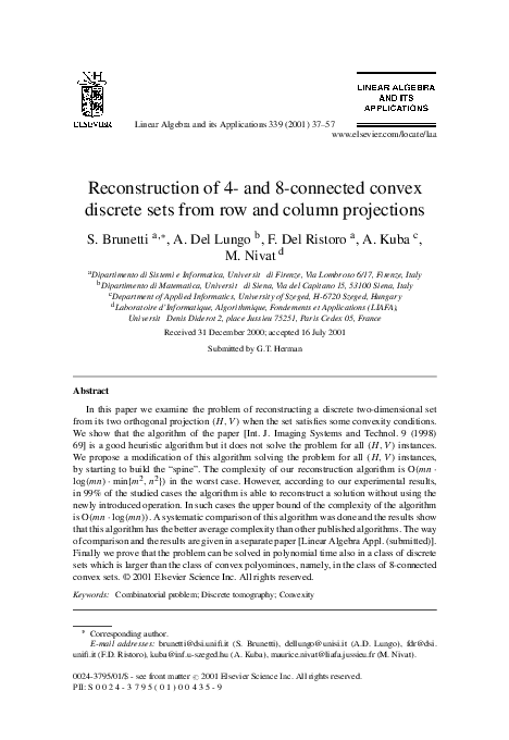 Pdf Reconstruction Of 4 And 8 Connected Convex Discrete Sets From Row And Column Projections