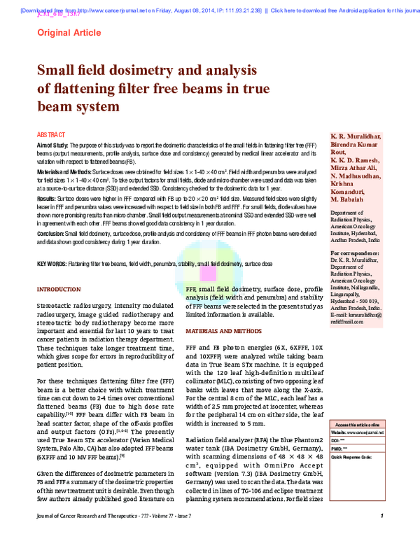 (PDF) Small field dosimetry and analysis of flattening filter free ...