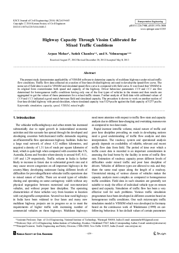 (PDF) Highway Capacity Through Vissim Calibrated for Mixed Traffic ...