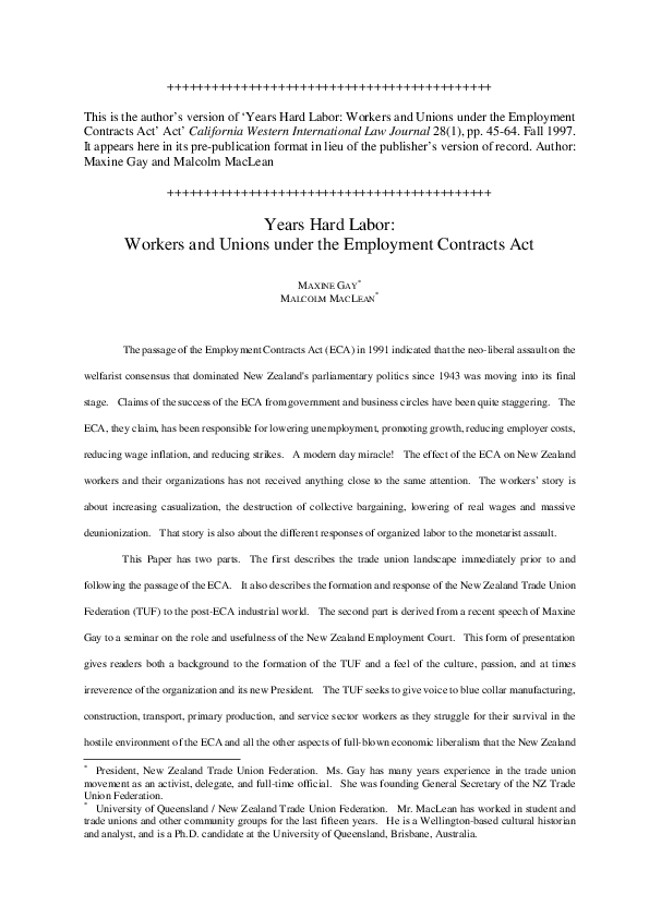 (PDF) Six Years Hard Labor: Workers and Unions under the Employment ...