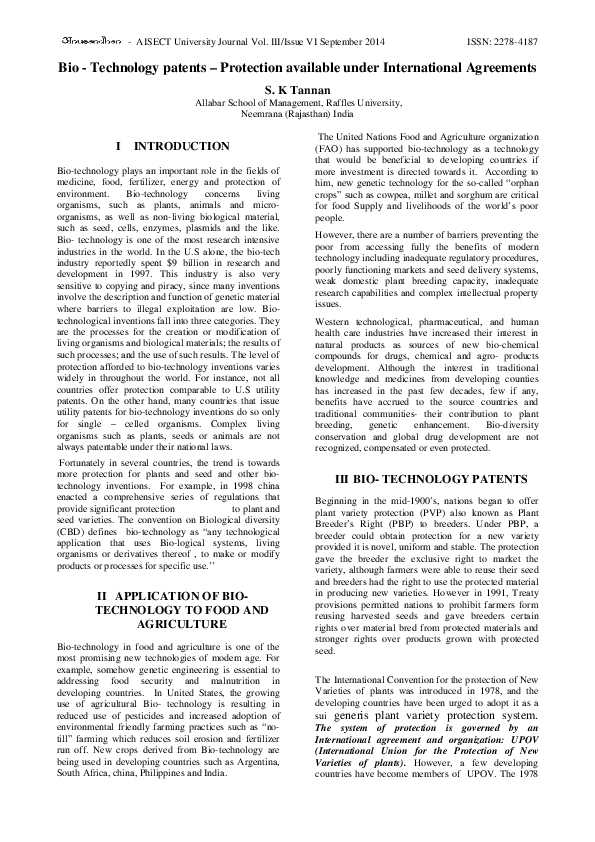 (PDF) Bio -Technology patents – Protection available under ...