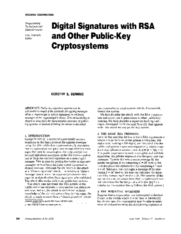 (PDF) Digital signatures with RSA and other public-key cryptosystems ... (PDF) Digital signatures with RSA and other public-key cryptosystems ...