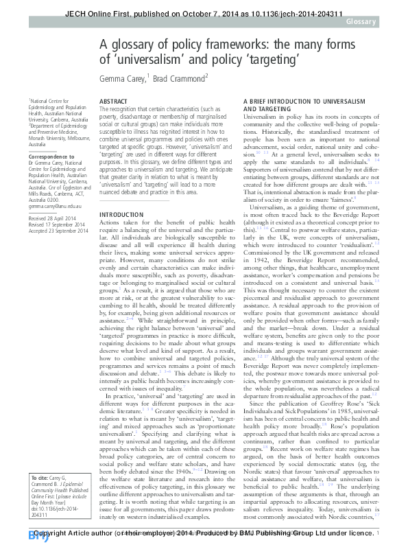 (PDF) A glossary of policy frameworks: the many forms of ‘universalism ...