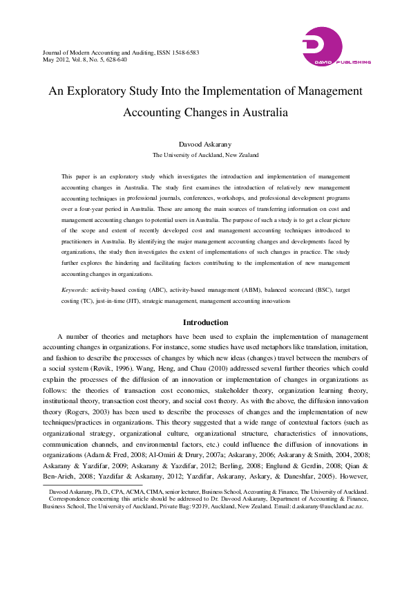 (PDF) An Exploratory Study Into the Implementation of Management