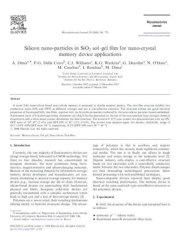 (PDF) Silicon nano-particles in SiO2 sol-gel film for nano-crystal memory device applications