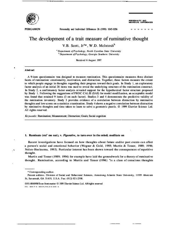 (PDF) The development of a trait measure of ruminative thought