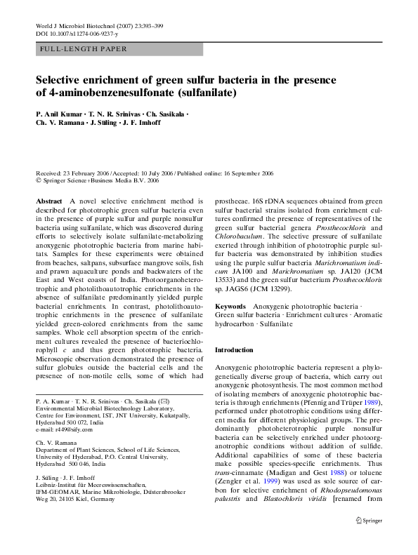 (PDF) Selective enrichment of green sulfur bacteria in the presence of ...