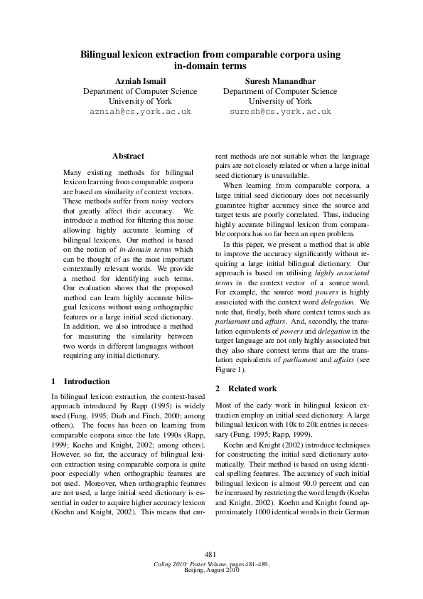 Pdf Bilingual Lexicon Extraction From Comparable Corpora Using In Domain Terms