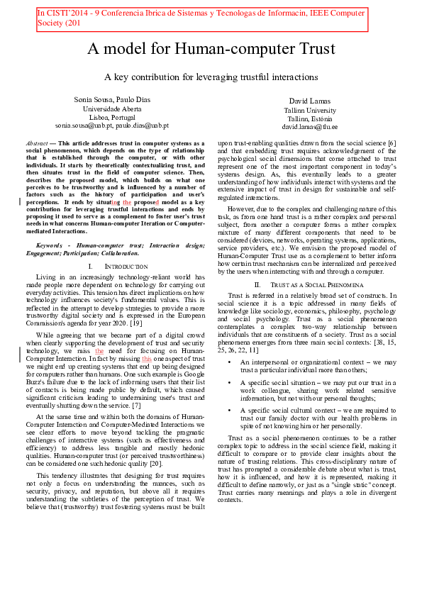 (PDF) A model of human-computer trust: A key contribution for ...