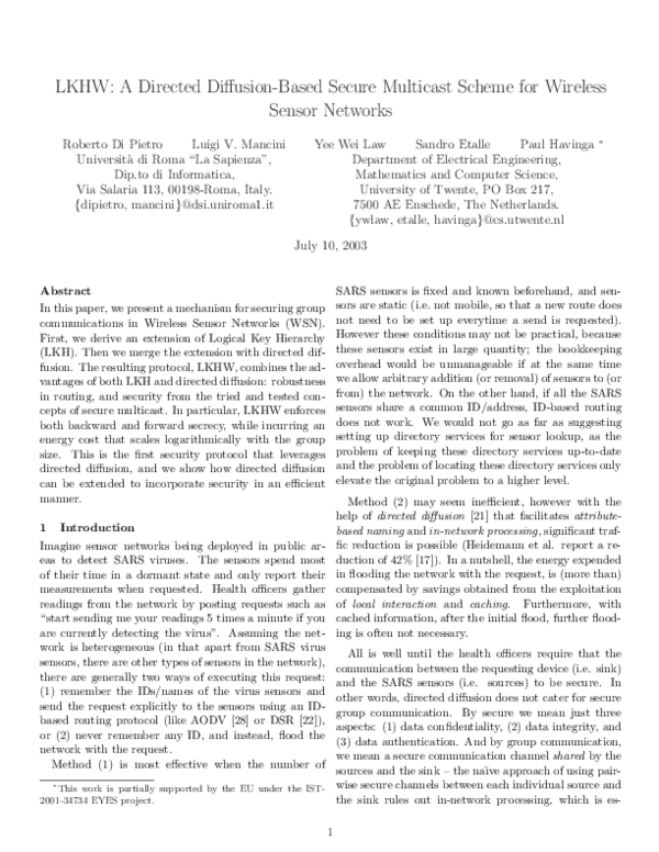 Pdf Lkhw A Directed Diffusion Based Secure Multicast Scheme For Wireless Sensor Networks