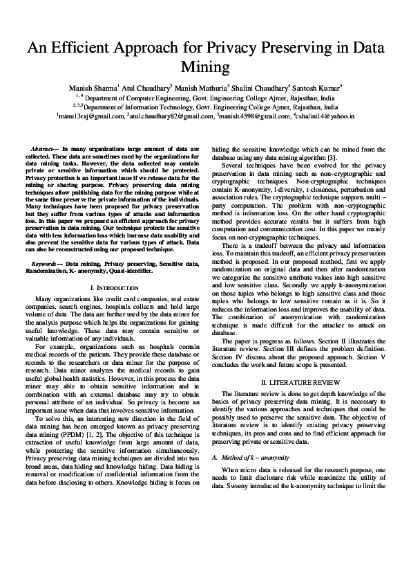 Pdf An Efficient Approach Of Privacy Preserving Data Mining