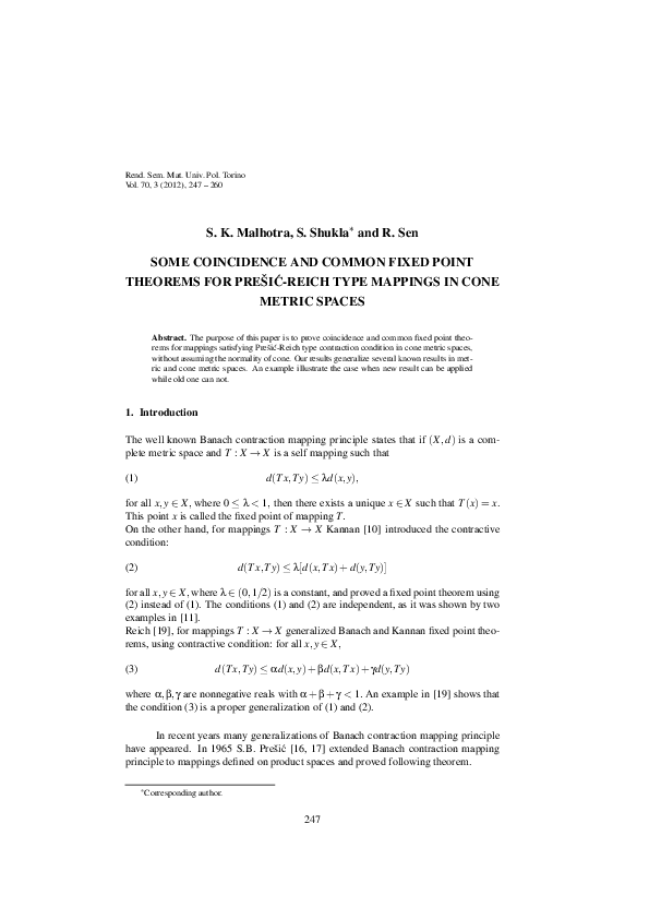 Pdf Some Coincidence And Common Fixed Point Theorems For Presic Reich