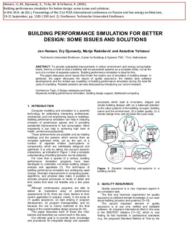 (PDF) Building performance simulation for better design: some issues and solutions