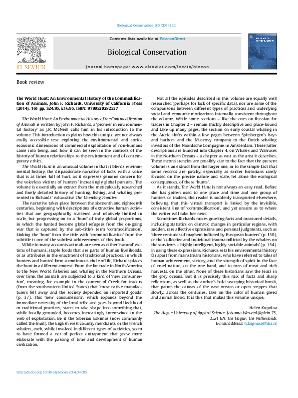 (PDF) Book review The World Hunt: An Environmental History of the ...