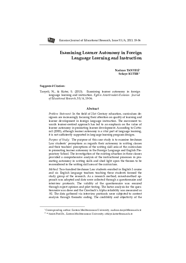 (PDF) Examining Learner Autonomy in Foreign Language Learning & Instruction