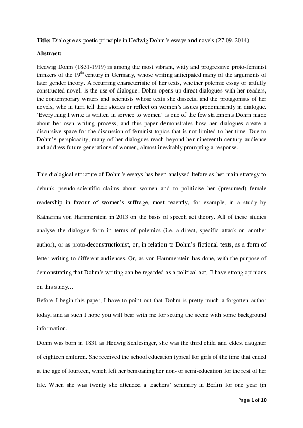 (PDF) Dialogue as poetic principle in Hedwig Dohm's oeuvre