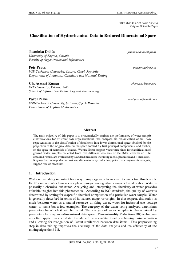 (PDF) Hydrochemical Data Classification Using Reduced Dimensionality