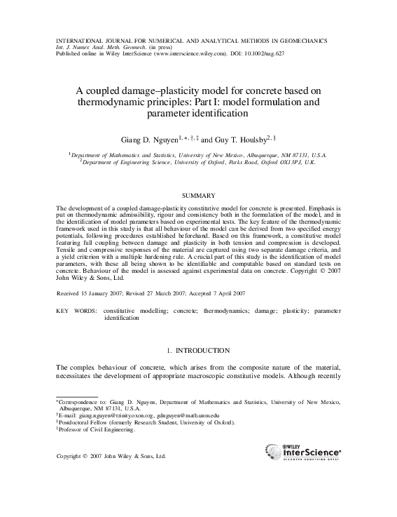 (PDF) A coupled damage–plasticity model for concrete based on thermodynamic principles: Part I ...
